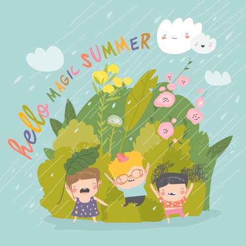 Cartoon happy children enjoying spring in blossom Vector Image