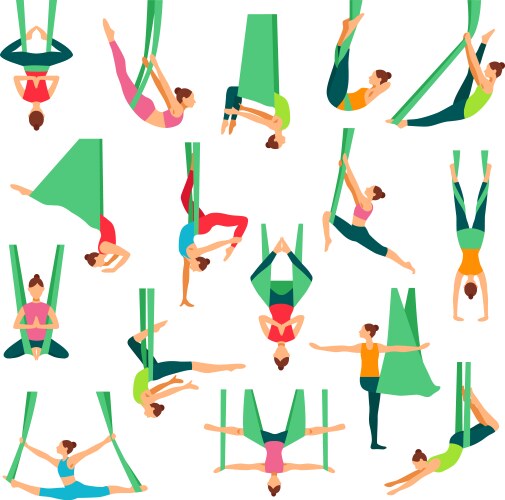 Aerial yoga set with young woman silhouettes Vector Image
