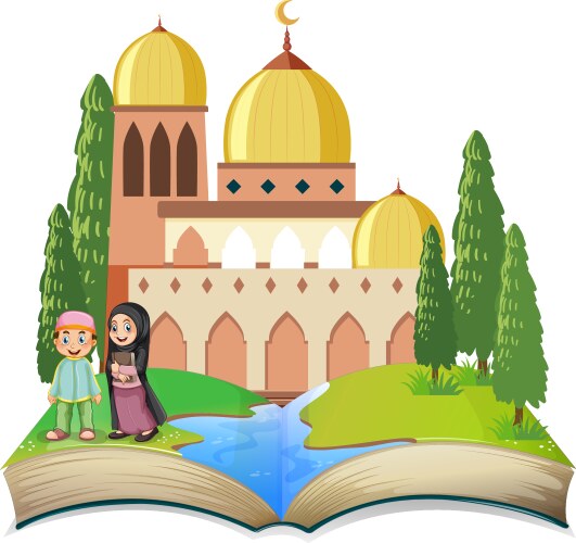 Open book with islamic mosque in the park Vector Image