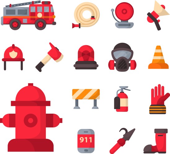 Firefighter equipment and machinery icons set Vector Image