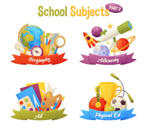 Labels with names and icons school subjects Vector Image