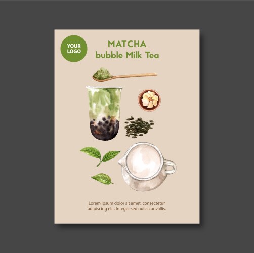 Matcha bubble milk tea set poster ad flyer Vector Image