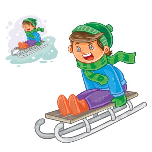 Cartoon little boy sledding down Royalty Free Vector Image