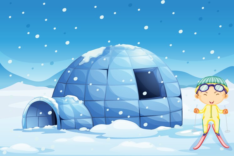 Arctic scene with boy and polar bear by igloo Vector Image