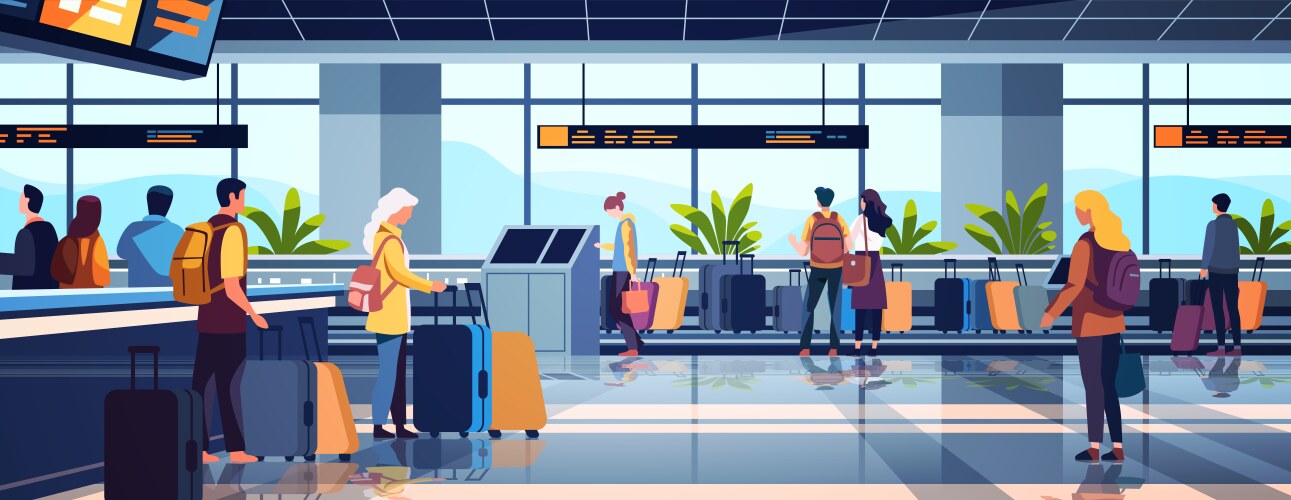 Passengers with luggage in arrival waiting room Vector Image