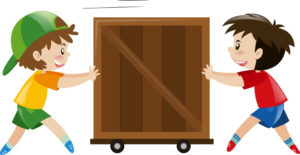Happy boy pushing wooden box Royalty Free Vector Image