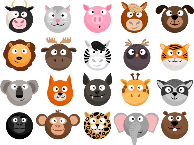 Cute animal faces hand drawn characters Royalty Free Vector