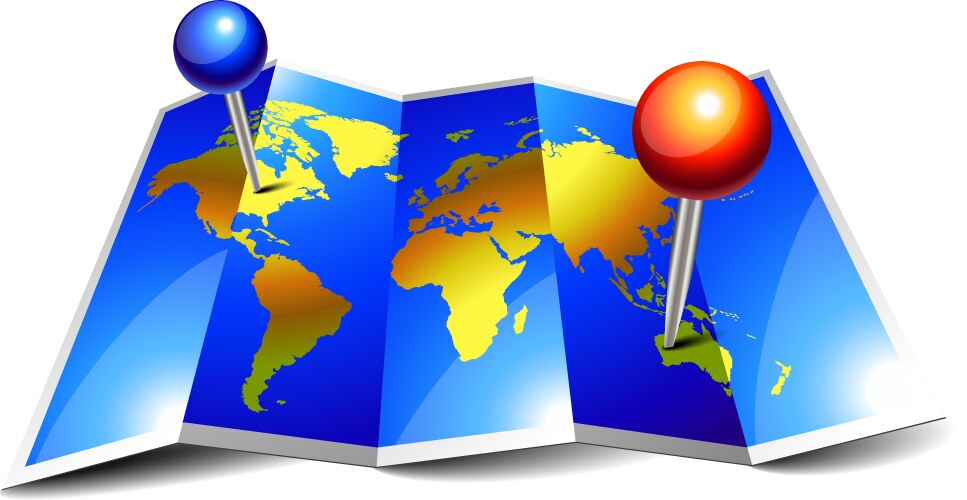 Cartoon world map with red pointers and route Vector Image