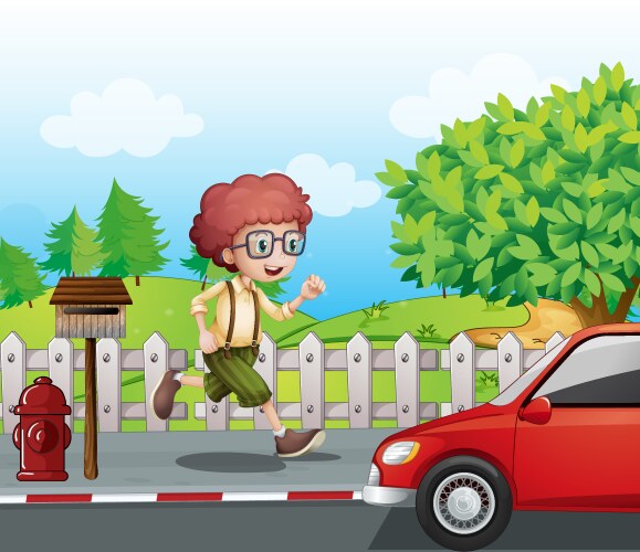 Cartoon boy driving red car Royalty Free Vector Image