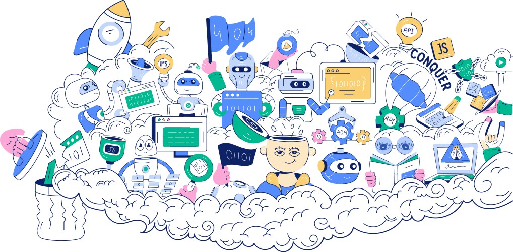 Programming mural in doodle style designed with va