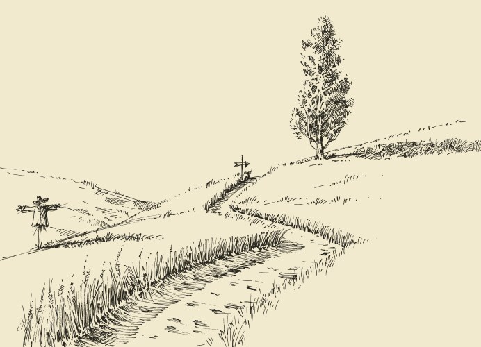 A path to farm landscape hand drawing Royalty Free Vector
