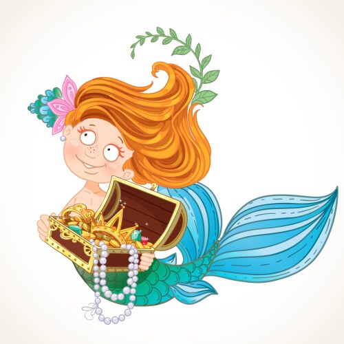 Cartoon funny mermaid holding treasure chest Vector Image