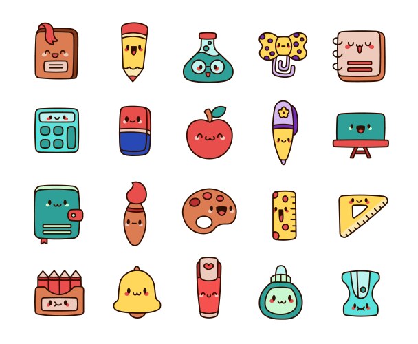 Cute kawaii school supplies coloring page Vector Image