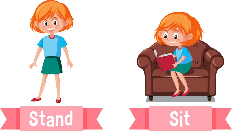 Opposite words for stand and sit Royalty Free Vector Image