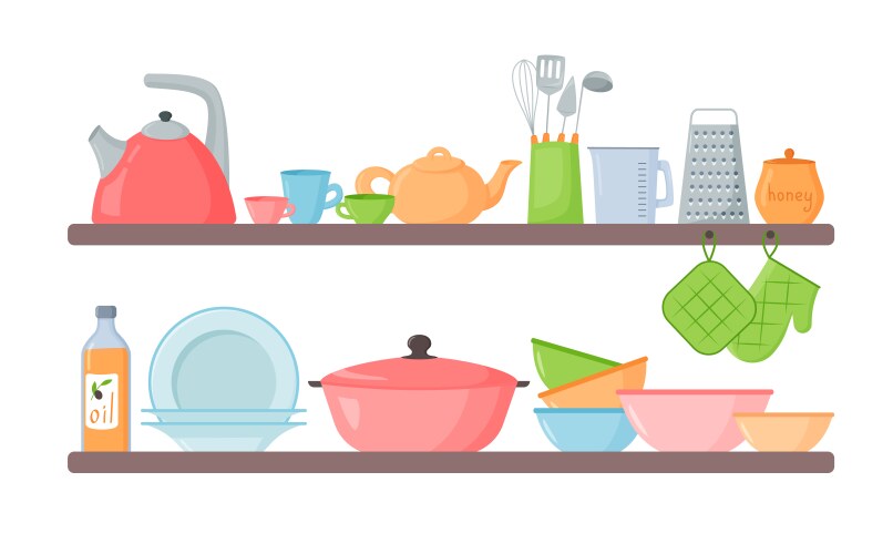 Kitchen shelves with cookware and cooking Vector Image