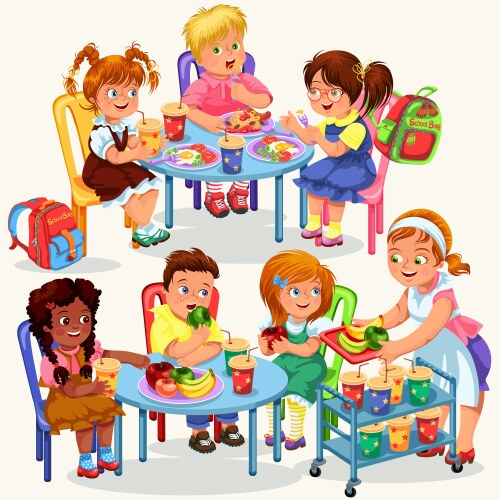 Classmates having lunch in dining room Royalty Free Vector