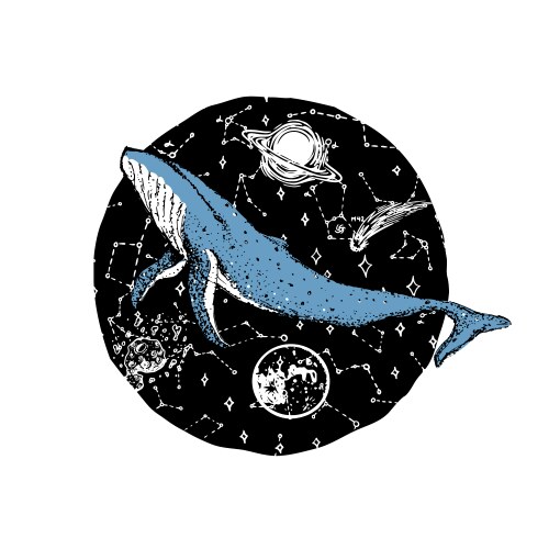 Blue whale and planets in solar system Royalty Free Vector