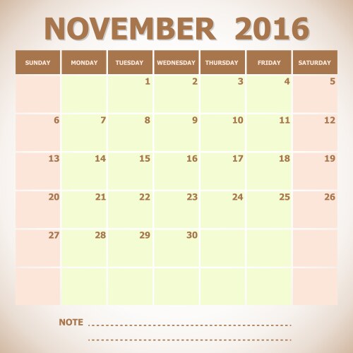 Calendar november 2016 week starts from sunday Vector Image