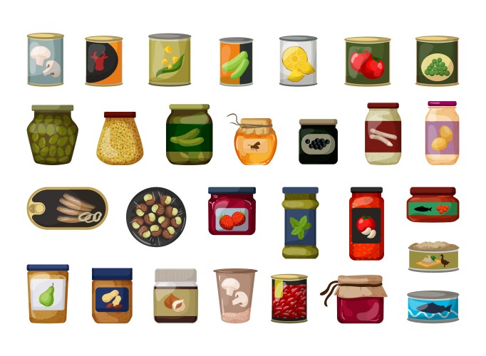 Preserved food products in cans flat Royalty Free Vector
