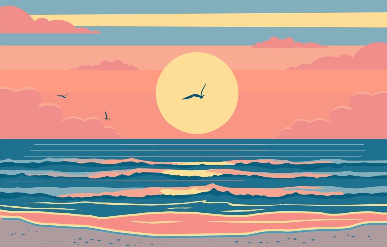 Flat design of sea ocean landscape at sunset Vector Image