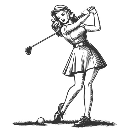 Pin-up girl playing golf engraving Royalty Free Vector Image
