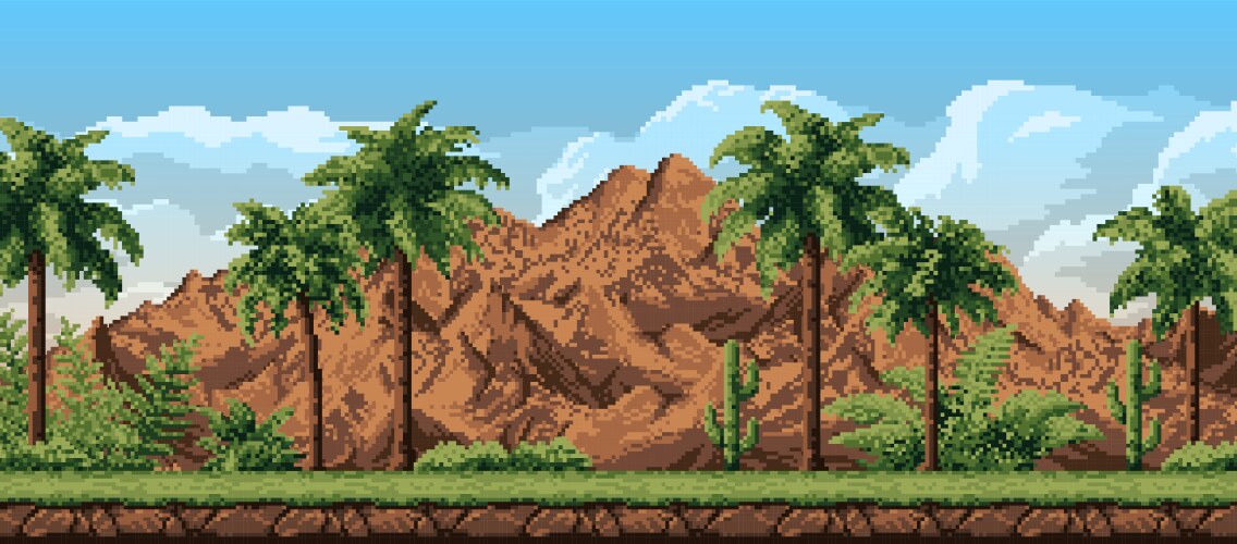 8 bit pixel mountain forest game level landscape Vector Image