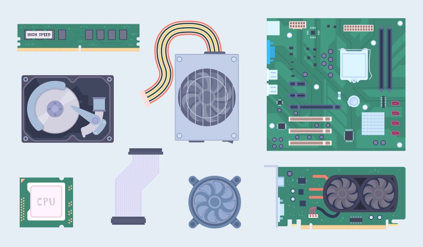 Cartoon pc components for computer store set Vector Image Cartoon pc components for computer store set Vector Image