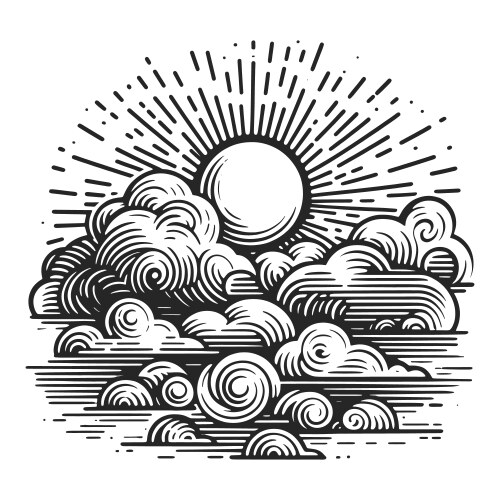 Stylized sun clouds engraving Royalty Free Vector Image