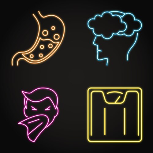 Unhealthy gut symptoms neon icon set Royalty Free Vector