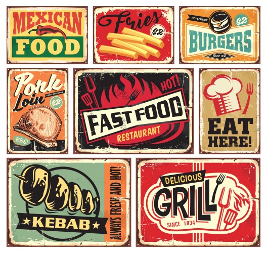 Fast food restaurant vintage tin sign design Vector Image