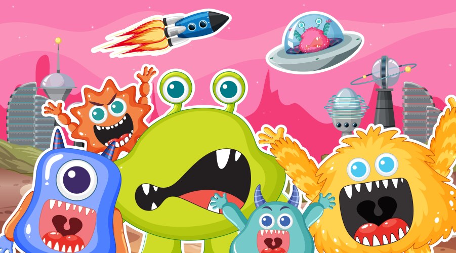 Cute alien monster cartoon friends in outer space Vector Image