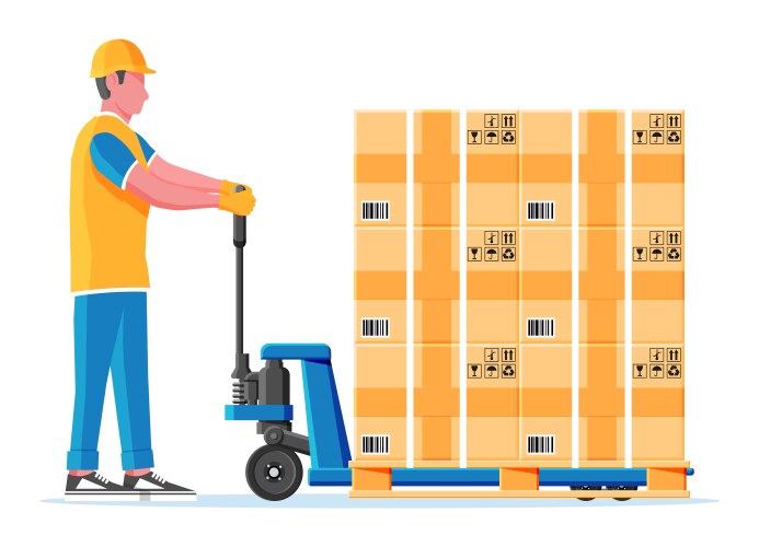 Man with hand pallet jack Royalty Free Vector Image