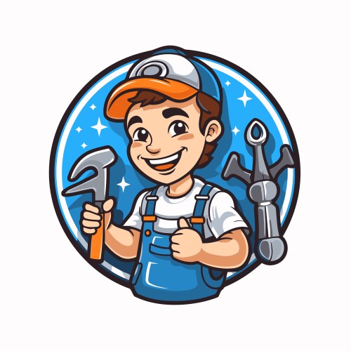 Cartoon mechanic boy sitting and holding Vector Image