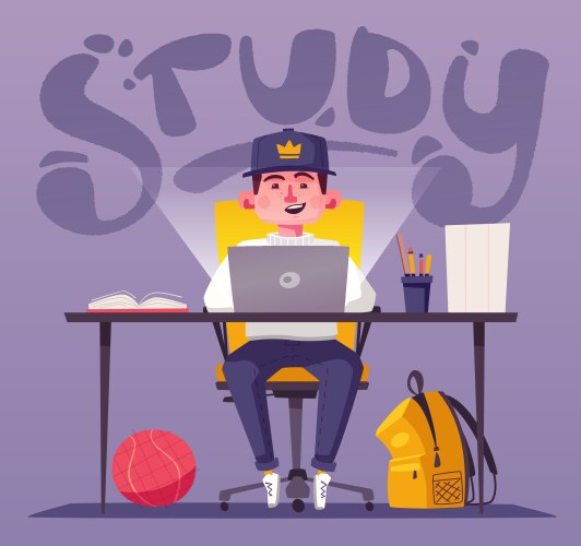 Student boy learning computer hand up Royalty Free Vector