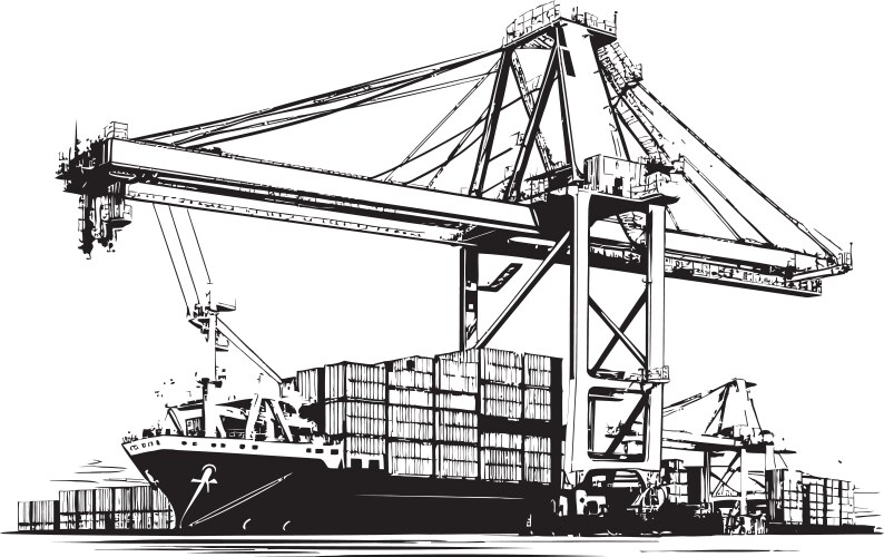 Dockside dynamics crane loading to cargo ship Vector Image