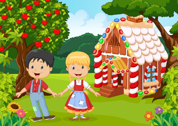 Cartoon little kid happy hansel and gretel Vector Image