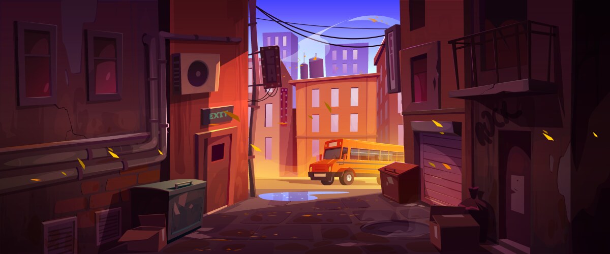 Ghetto empty street with ruined abandoned houses Vector Image