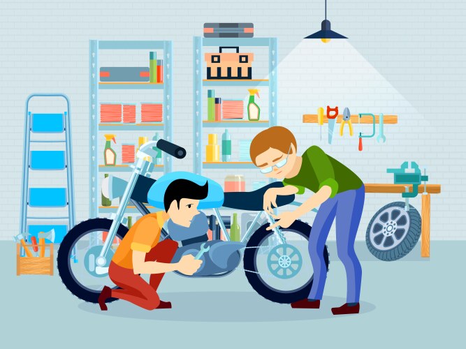 Cartoon mechanic workshop fitting repair Vector Image