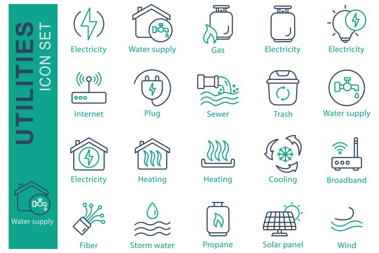Utilities icon set electricity water supply Vector Image