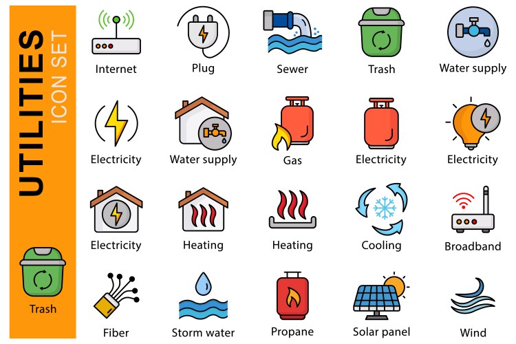 Utilities icon set electricity water supply Vector Image