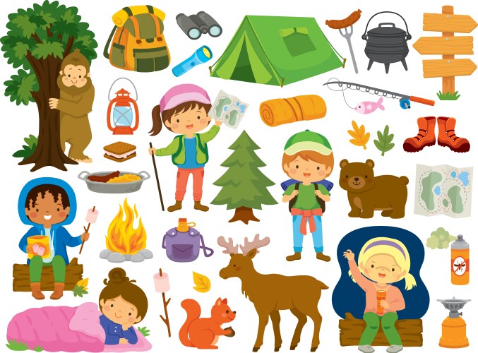 Camping with animals in the forest Royalty Free Vector Image