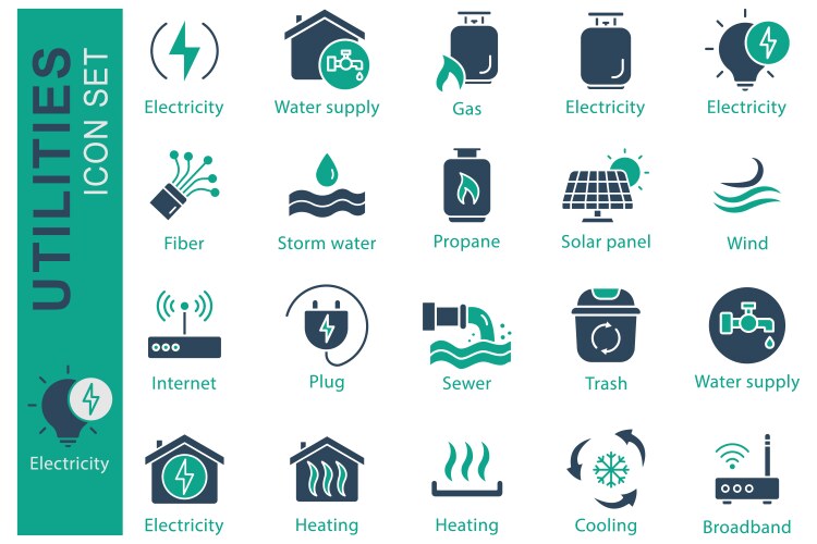 Utilities icon set electricity water supply Vector Image