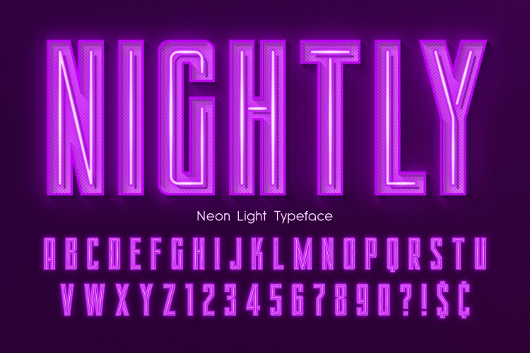 Bright neon alphabet letters numbers and symbols Vector Image