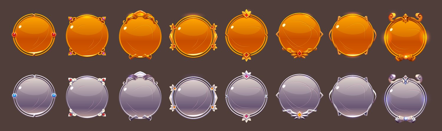 Game level ui icons golden buttons square frames Vector Image