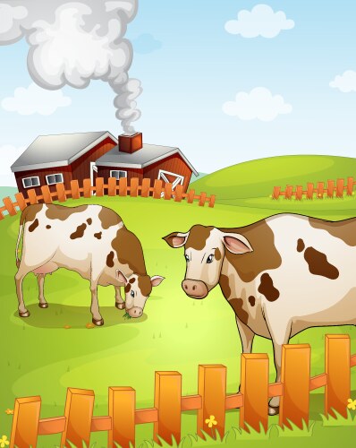 Two cows in nature scenery cartoon Royalty Free Vector Image