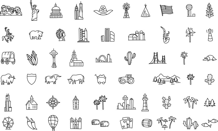 USA Silhouette Icons - Tourist & Landmarks Vector Image