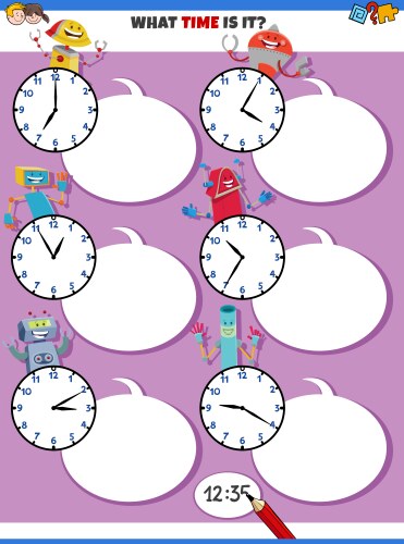 Clock face cartoon educational worksheet for kids Vector Image