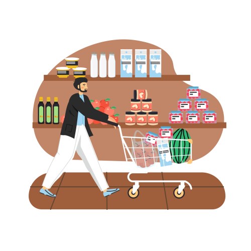 Cartoon man in food store or supermarket Vector Image
