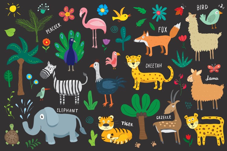 Animal doodles set cute animals sketch hand drawn Vector Image