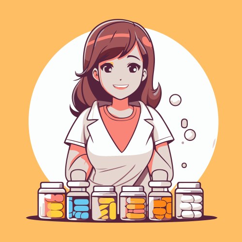 Pharmacist with medicine bottles in cartoon style Vector Image